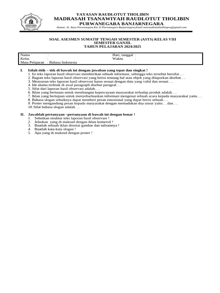 Soal Asts 8 Ganjil 24-25 | PDF