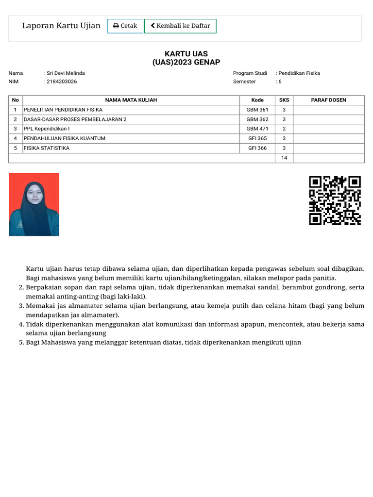 Laporan Kartu Ujian Sri Devi Melinda | PDF