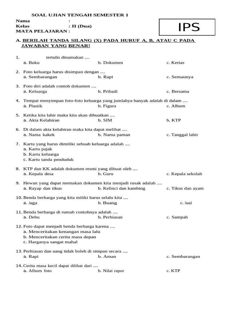 Soal UTS IPS Kelas 2 SD Semester 1 Ganjil Dan Kunci Jawaban WWW Bimbelbrilian Com | PDF