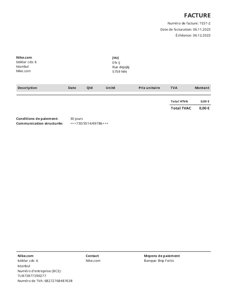 Facture TEST-2 - Nike - Com - 0,00 | PDF