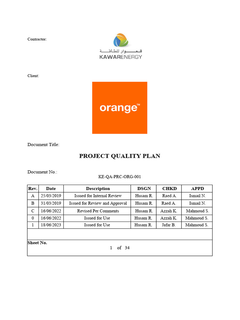 KE-QA-PRC-ORG-001 Project Quality Plan | PDF | Occupational Safety And Health | Business