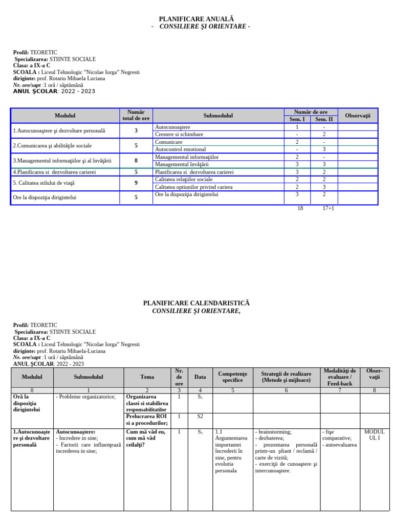 Planificare - Dirigentie Cls 9 | PDF