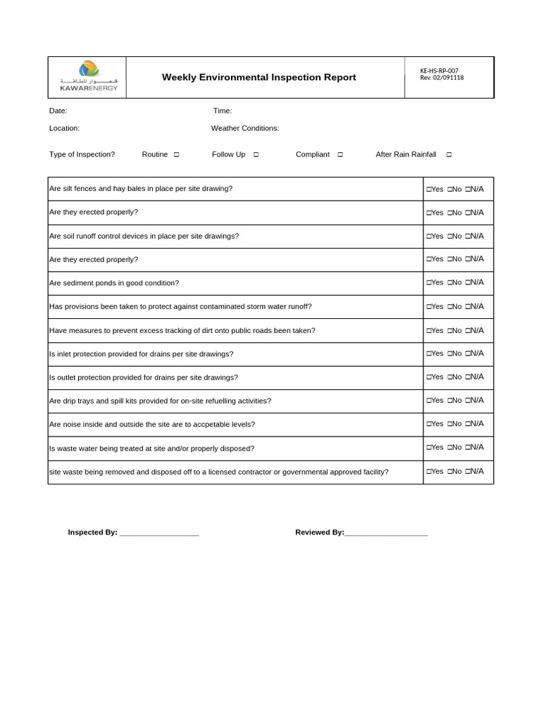 KE-HS-RP-007 Weekly Environmental Inspection Report | PDF