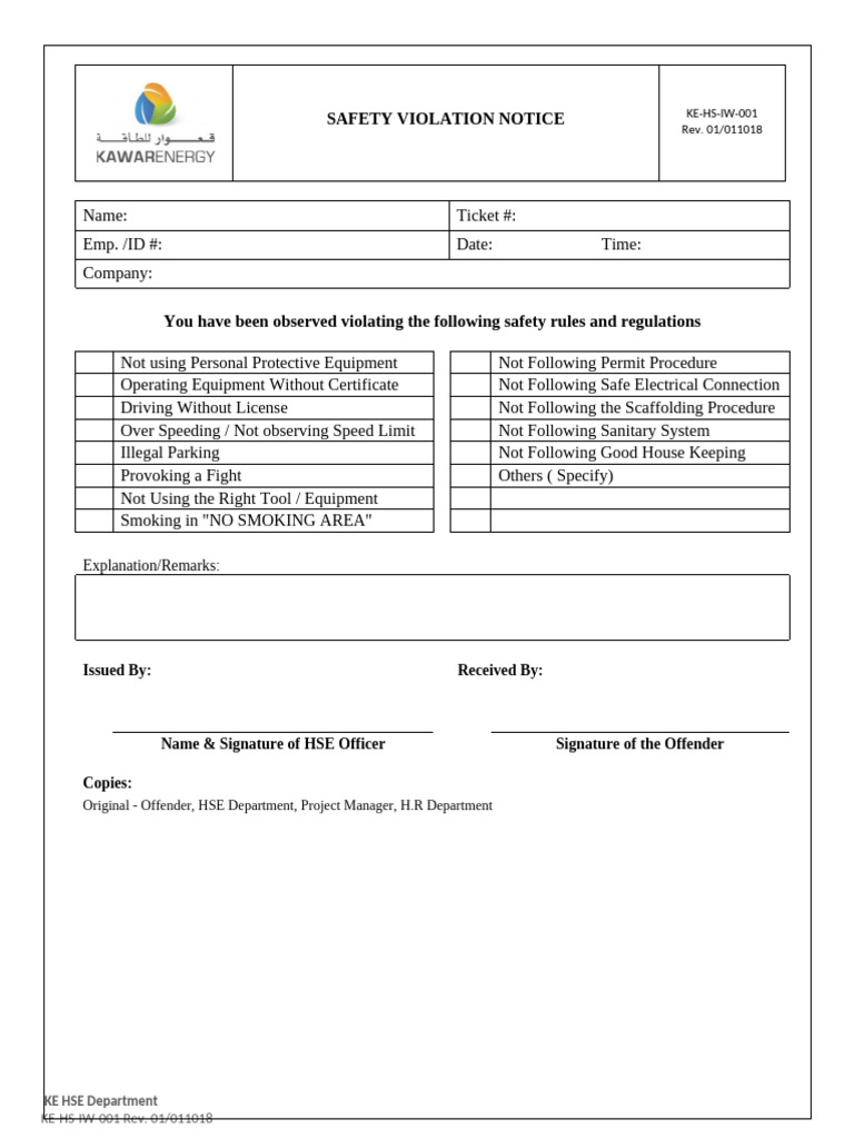 KE-HS-IW-001 Safety Violation Notice | PDF