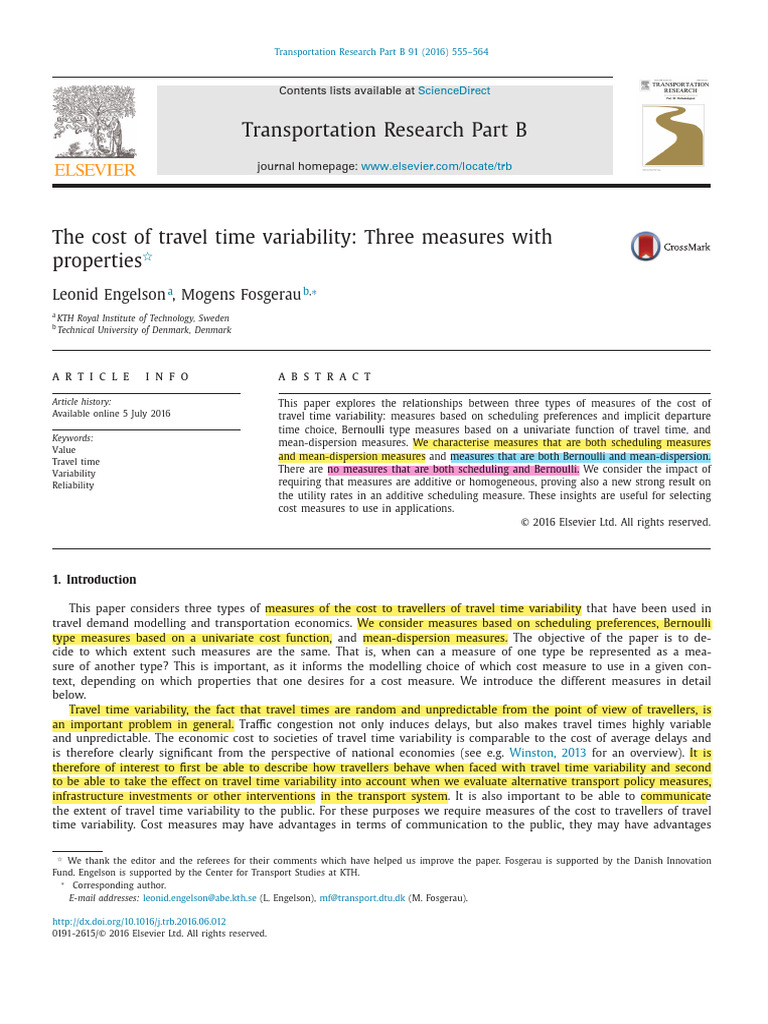2016 Engelson - Cost of Travel Time Variability | PDF | Utility ...