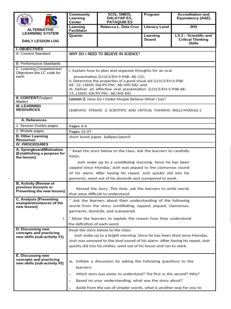 LP LS2 Module 1 Lesson 2 | PDF