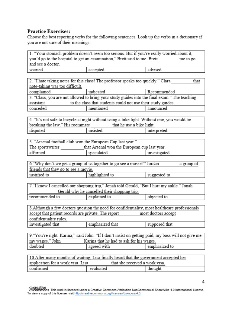 Reporting Verbs Worksheet | PDF
