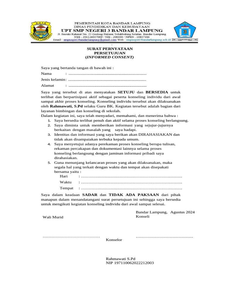 Surat Pernyataan Persetujuan Konseling Individu | PDF