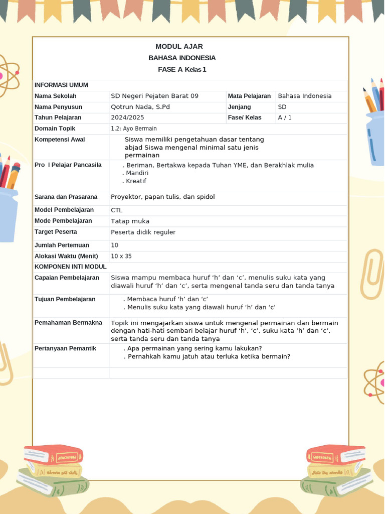 Modul Ajar Bahasa Indonesia Ayo Bermain | PDF