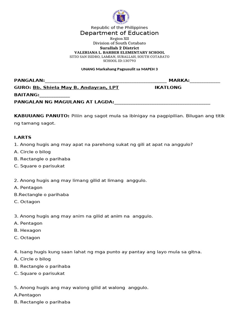 MAPEH 3 First Quarter Exam Guide | PDF