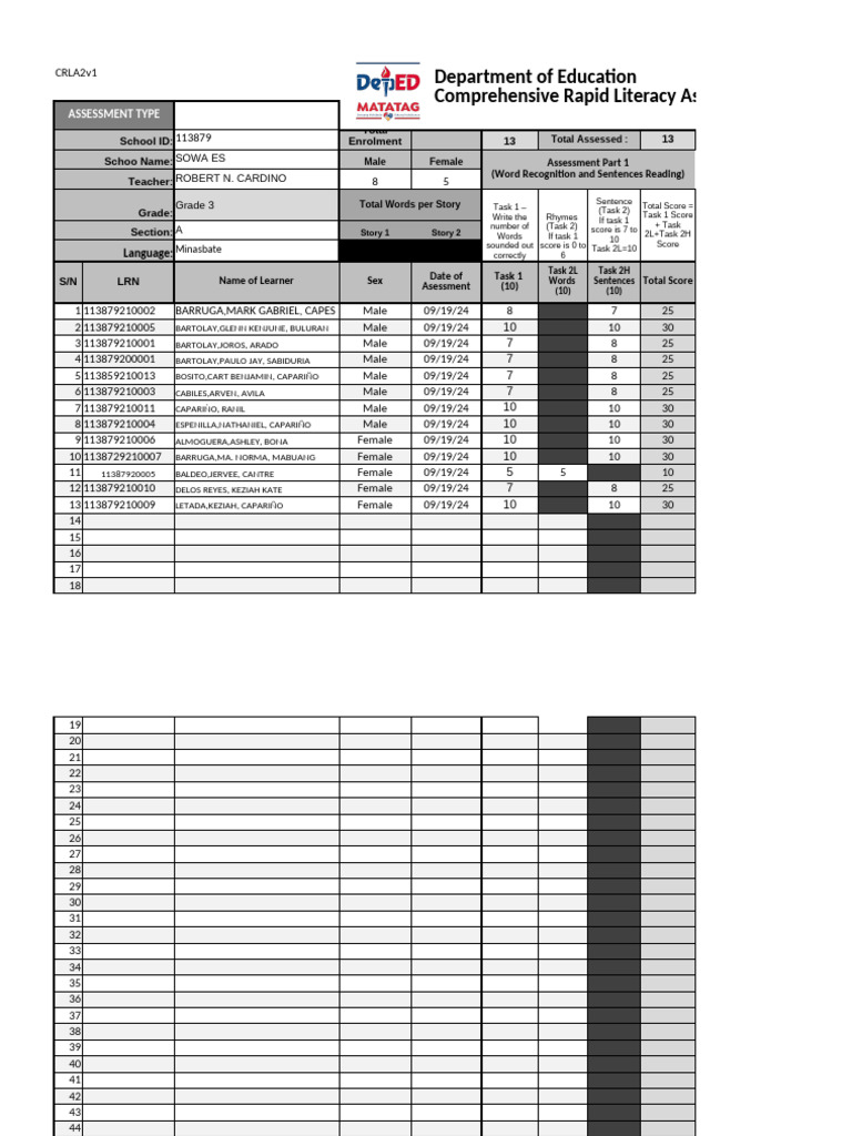 CRLA2 Grade3Scoresheet v1 | PDF | Reading Comprehension | Cognition