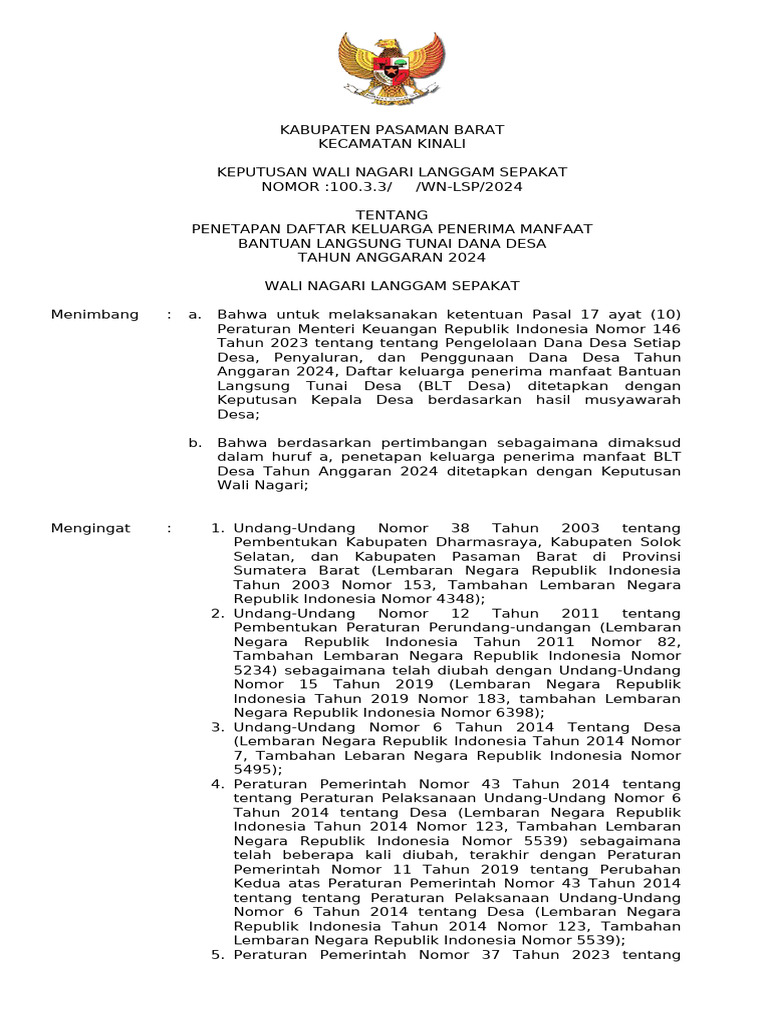 SK Daftar Penerima KPM BLT DD 2024 | PDF