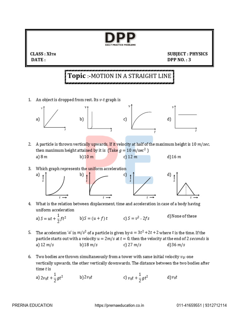 Motion in 1D DPP 3 Min | PDF