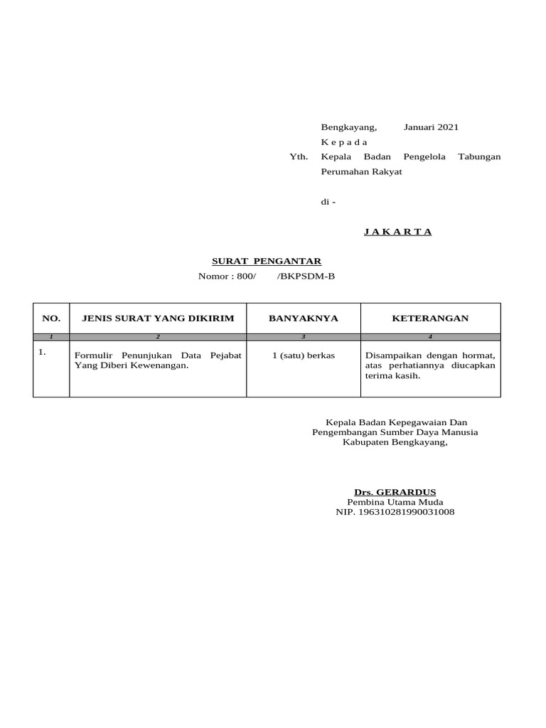 Surat Pengantar Kaban Ke Tapera Januari 2021 | PDF