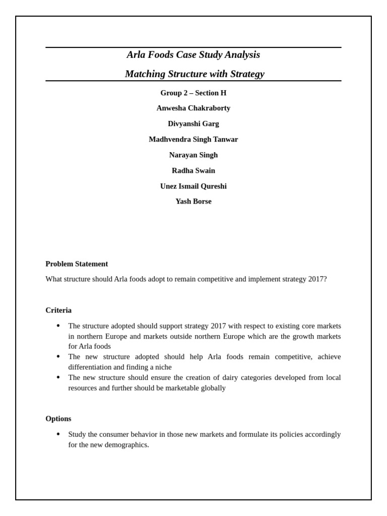 Group 2, Section H, Arla Foods Case Study Analysis | PDF