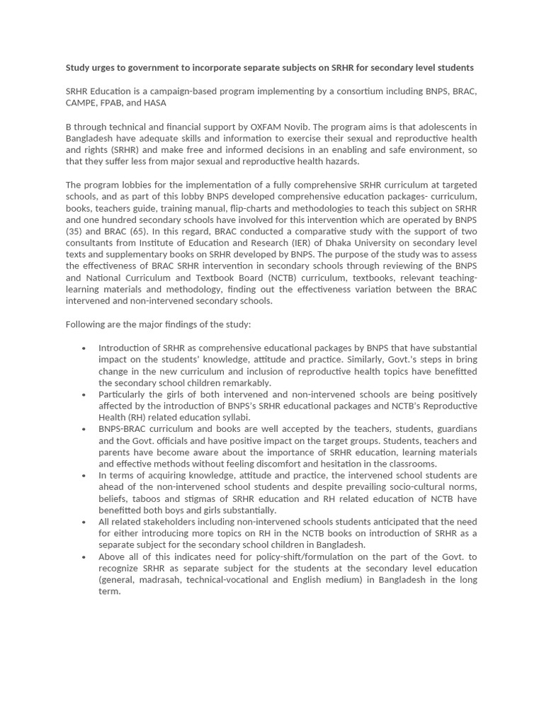 Study Urges To Government To Incorporate Separate Subjects On SRHR For ...