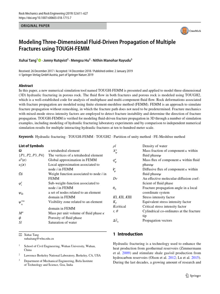 Modeling Three Dimensional Fluid Driven Propagation Of Multiple Fractures Using Tough Femm Pdf