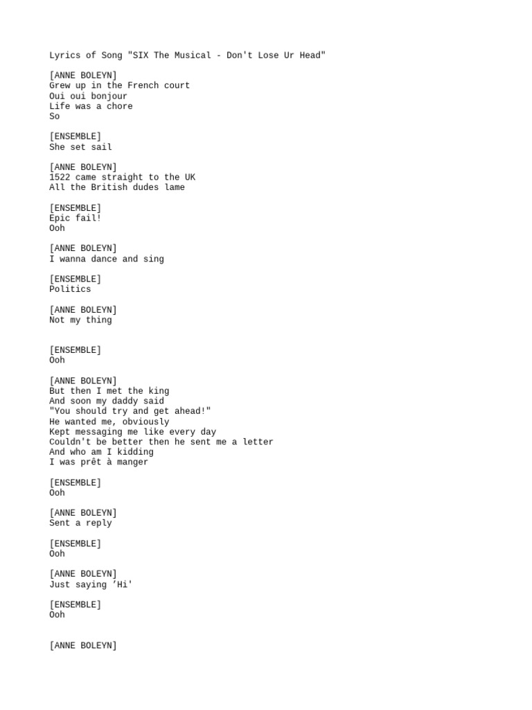 SIX The Musical - Don't Lose Ur Head | PDF