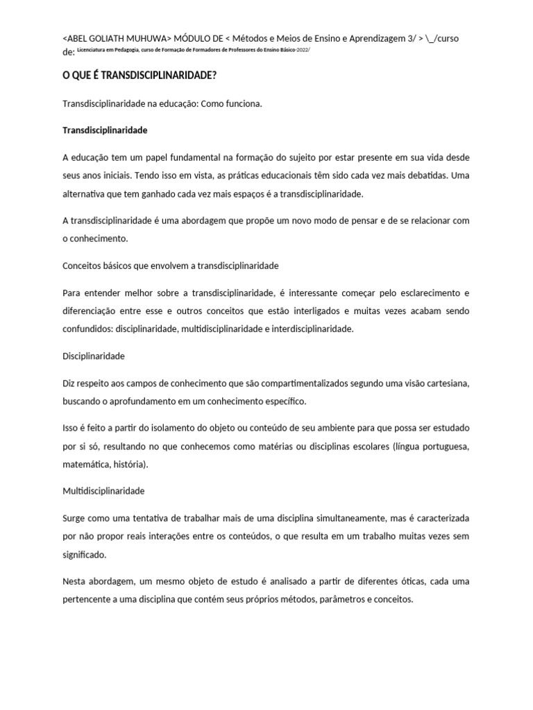 O Que É Transdisciplinaridade | PDF | Interdisciplinaridade | Pedagogia