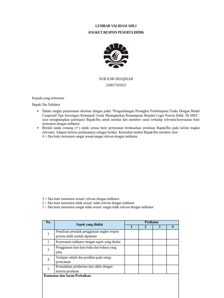 Lembar Validasi Angket Respon Peserta Didik | PDF