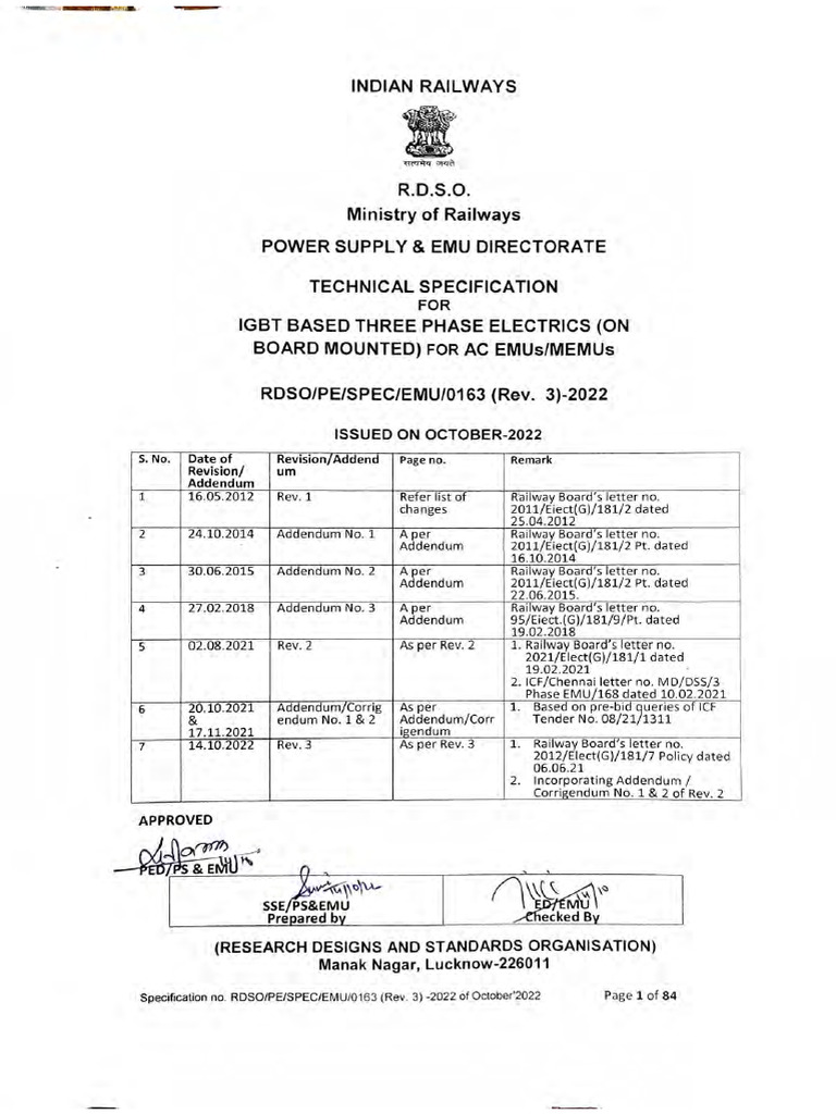 RDSO - PE - SPEC - EMU - 0163 (Rev. 3) - 2022 | PDF
