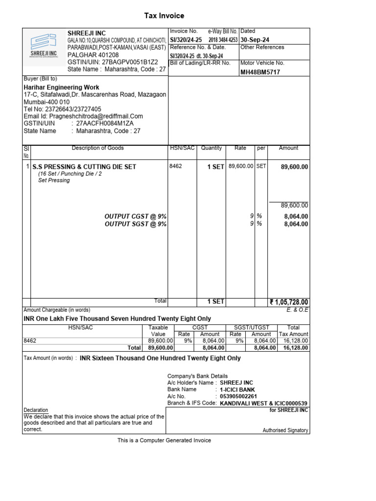 Tax Invoice: (16 Set / Punching Die / 2 Set Pressing | PDF