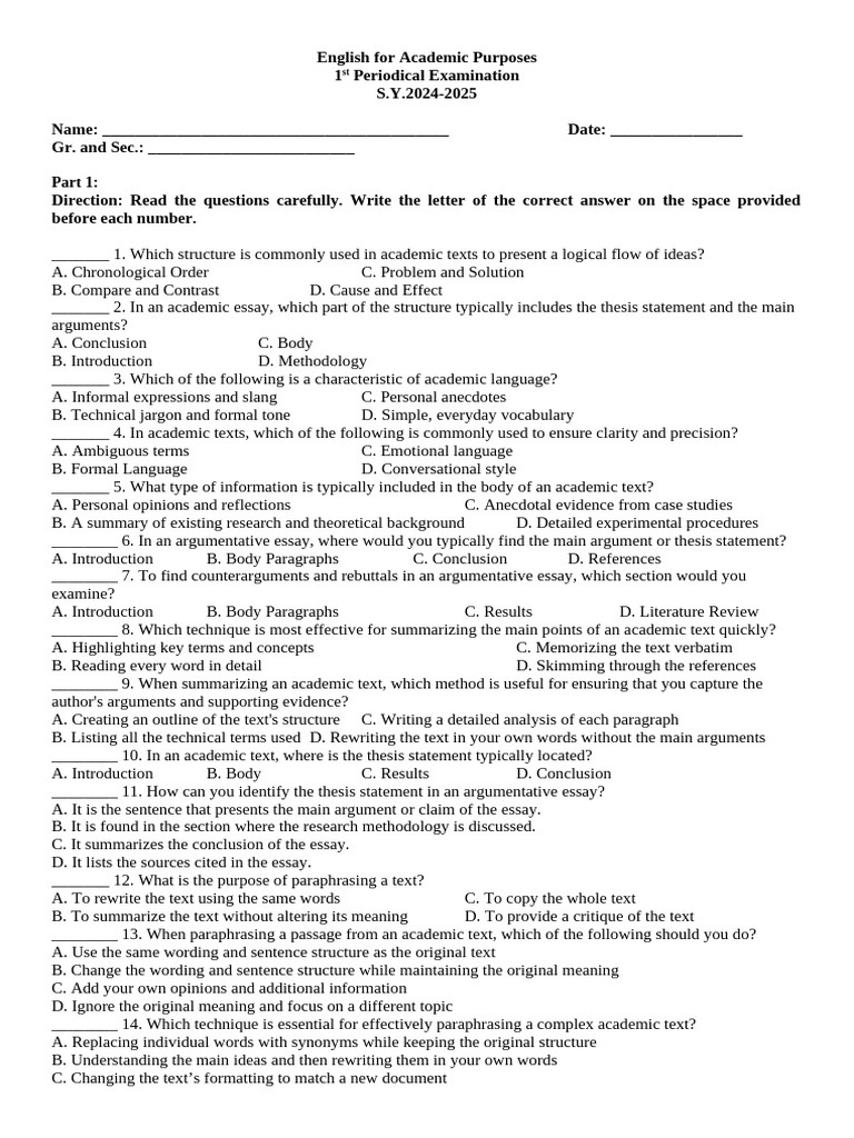 EASP 1st Periodical Exam 2024-2025 | PDF | Essays | Information