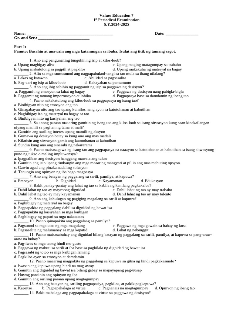 Values Education 7 1st Periodical Exam S.Y.2024-2025 | PDF