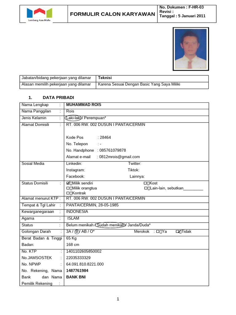 Form Calon Karyawan - LAM - MUHAMMAD ROIS (SLS PHR) | PDF