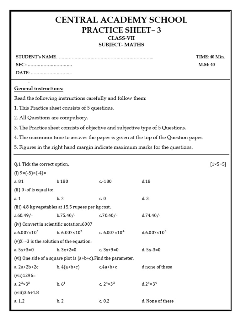 Class VII Maths Practice Sheet 2 Done (hh1) | PDF | Elementary Mathematics | Arithmetic
