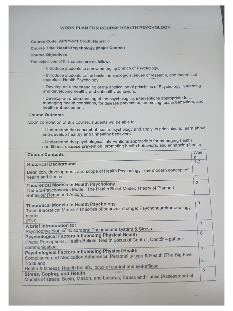 Work Plan Health Psychology | PDF