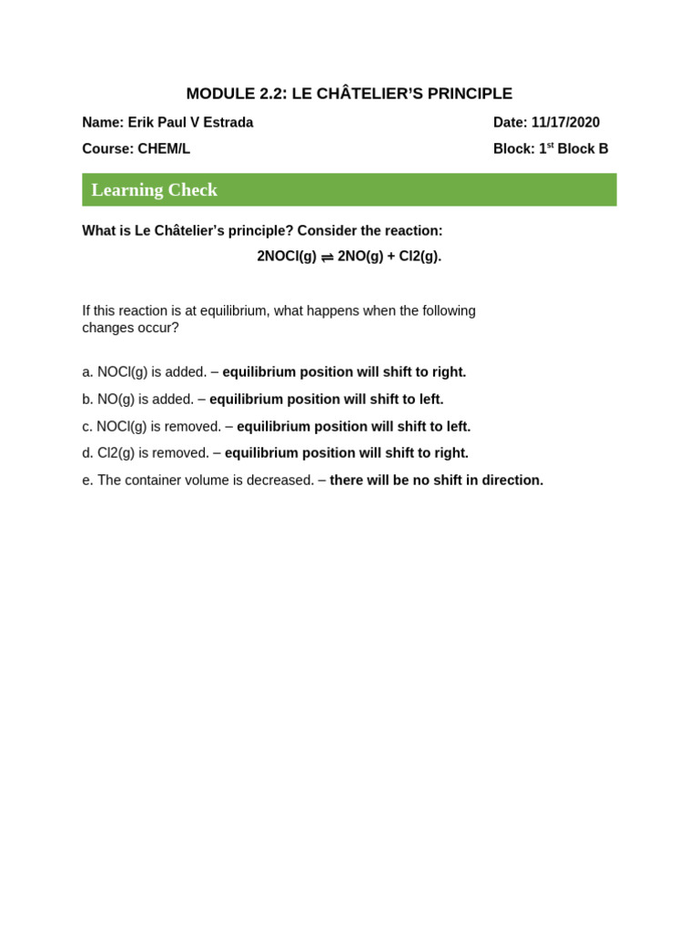 Answere Sheet - LE CHÂTELIER'S PRINCIPLE | PDF | Chemical Equilibrium ...