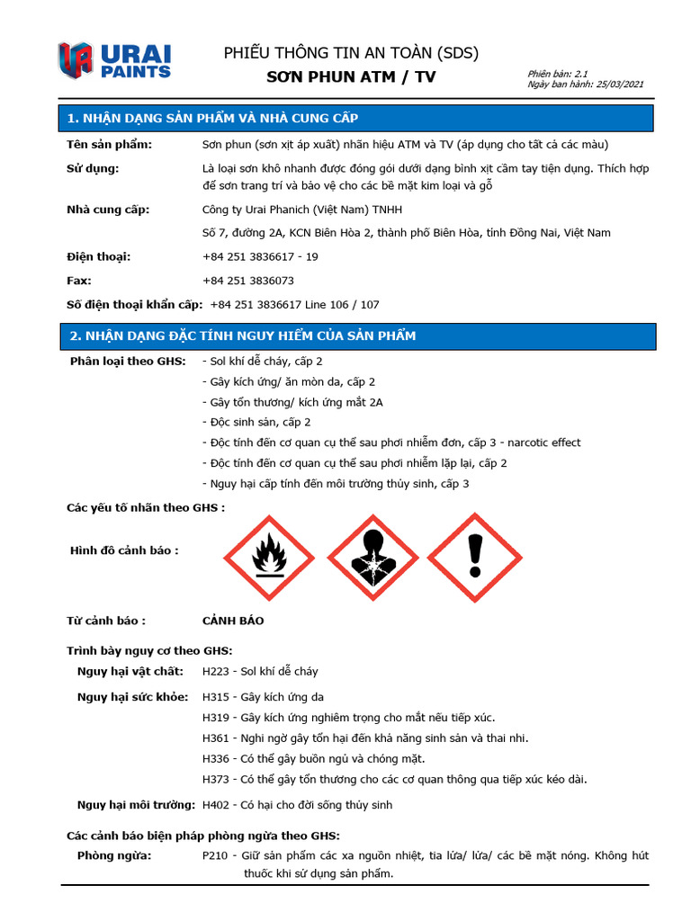 2. SDS - SPRAY - Việt Nam - ver 2.1 - 2021 (sơn phun) | PDF