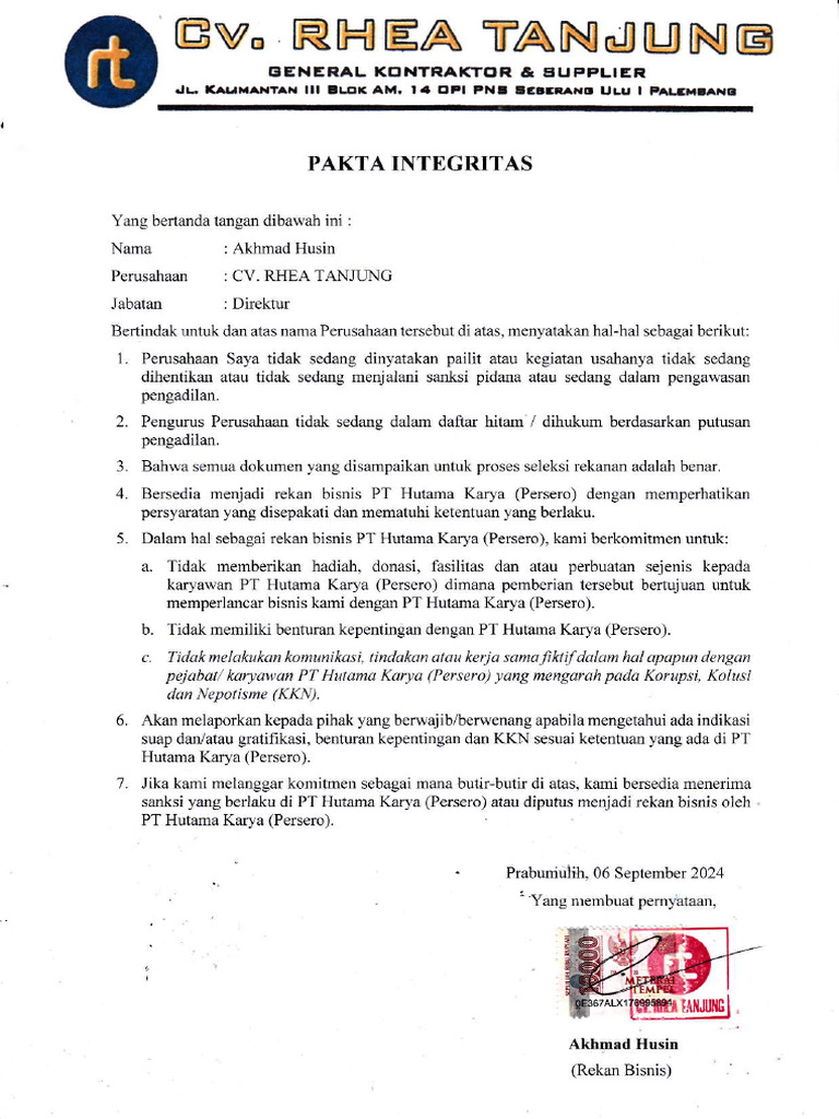 Pakta Integritas | PDF