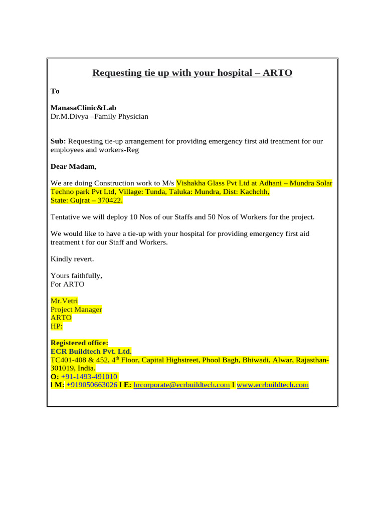 Requesting Hospital Tie Up Letter | PDF