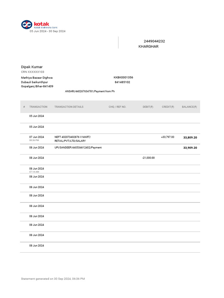 Kotak Bank Statement 2 | PDF