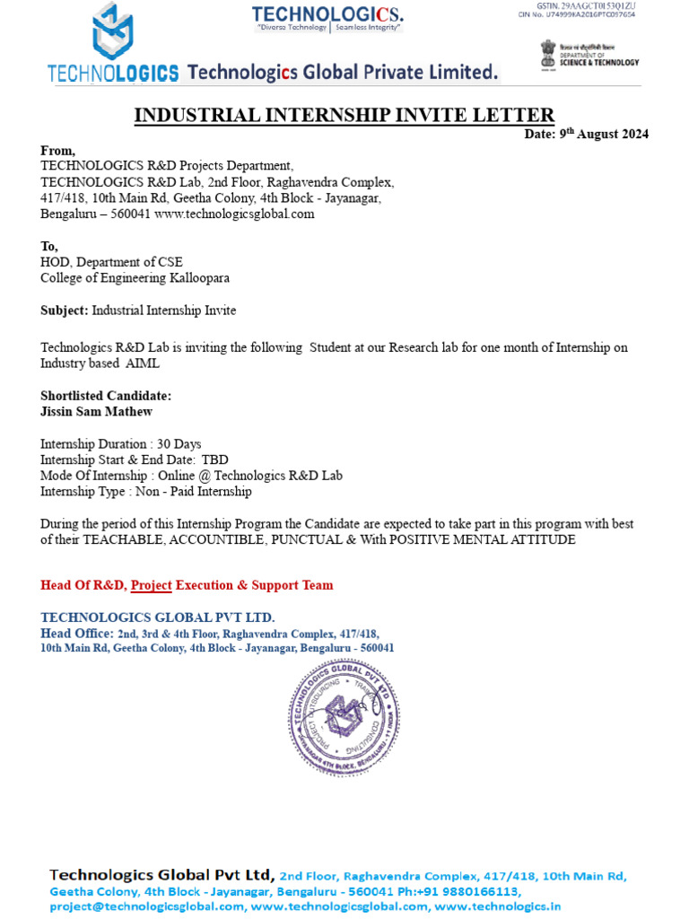 Internship Invite Letter Jisssin | PDF