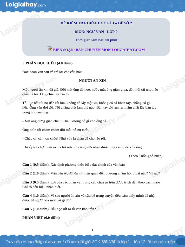 De Thi Giua Ki 1 Van 9 de So 2 1726046334 | PDF