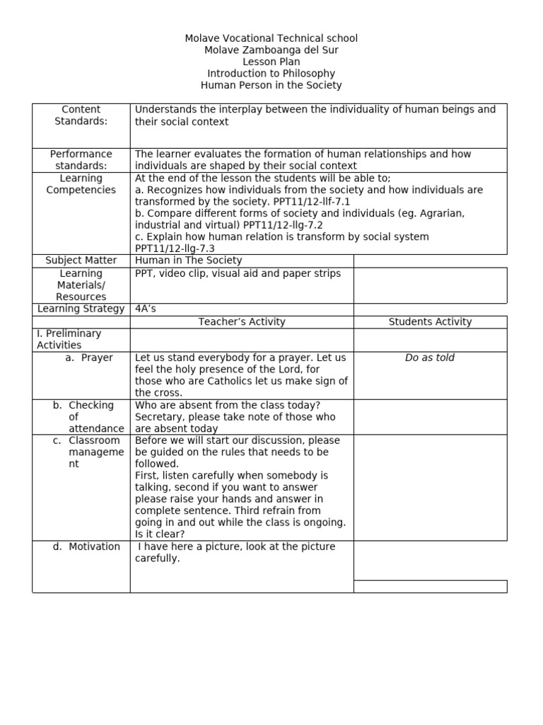Human Person in The Society Lesson Plan | PDF