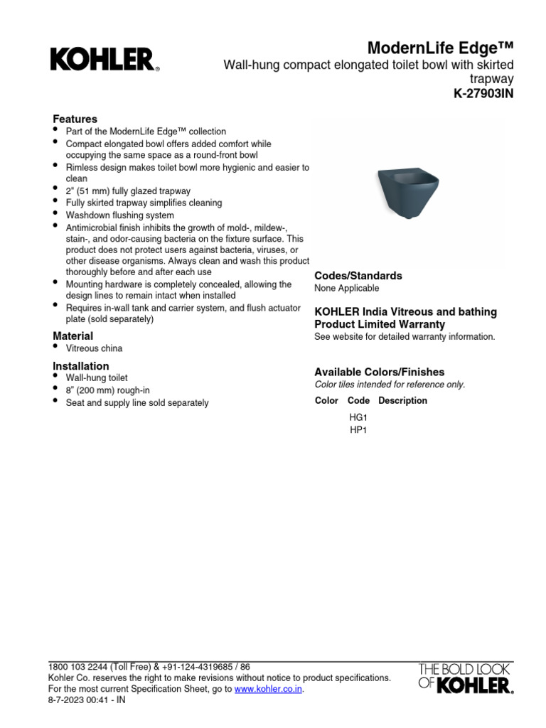 K-27903IN Spec IN Kohler en | PDF