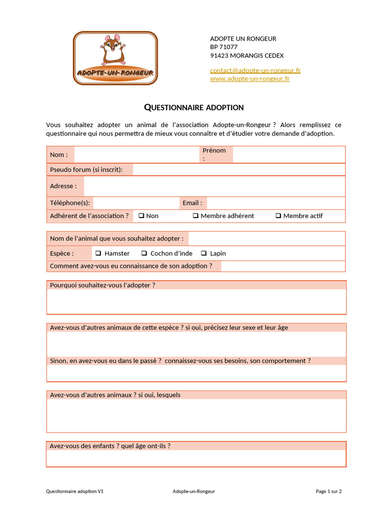 Questionnaire Adoption AdopteunRongeur | PDF