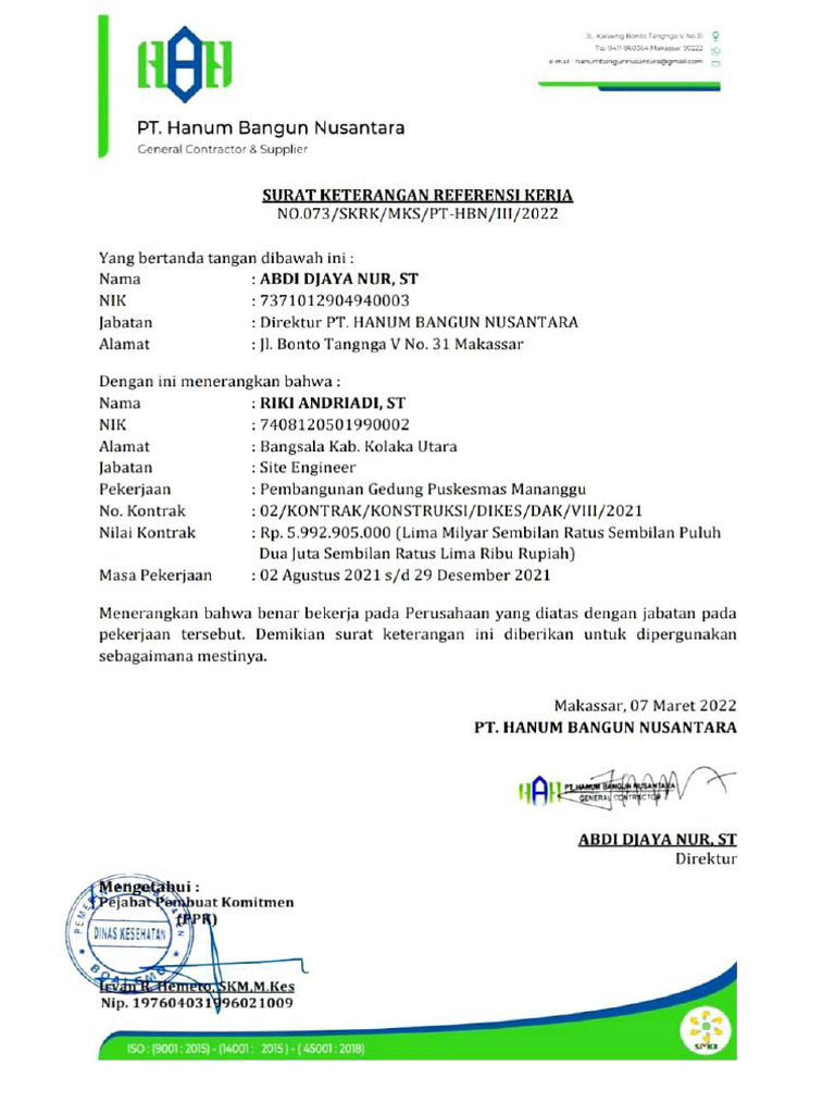 Surat Pengalaman Kerja Riki | PDF