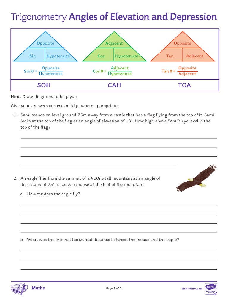 Angles of Elevation and Depression Activity Sheet | PDF