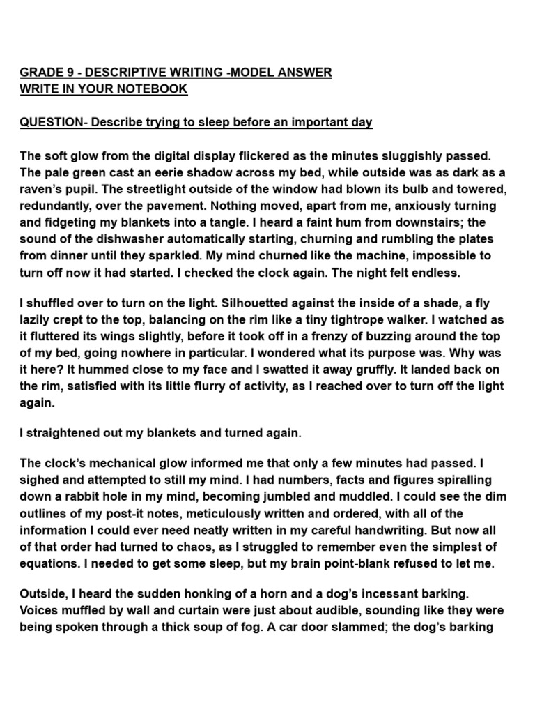 Grade 9 - Descriptive Writing - Model Answer | PDF
