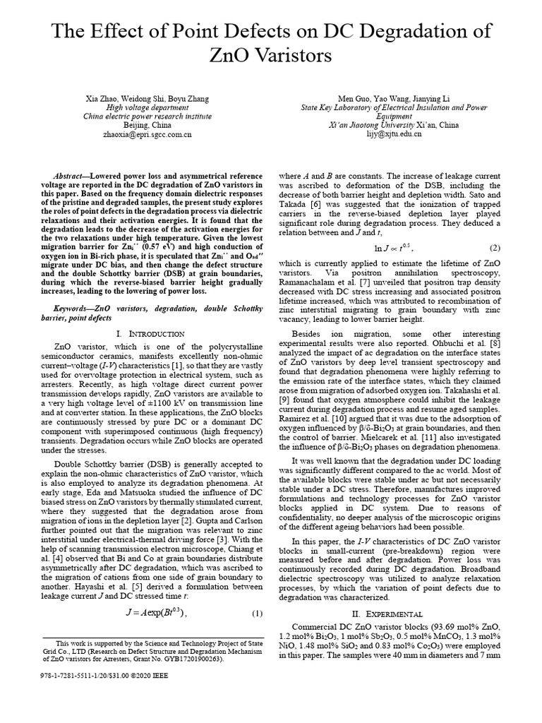 The Effect of Point Defects On DC Degradation of ZnO Varistors | PDF