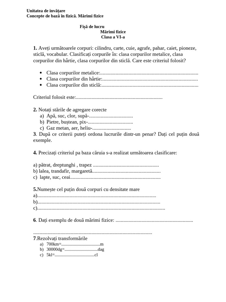 Fisa de Lucru Marimi Fizice | PDF