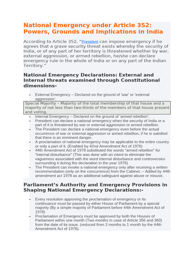 National Emergency Under Article 352 | PDF