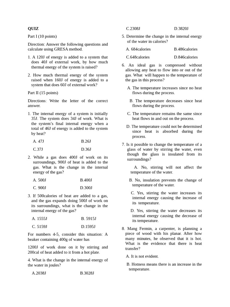 Energy and Thermodynamics Quiz | PDF | Heat | Engines