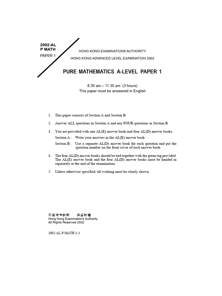 2002 AL Pure Math Paper1 | PDF