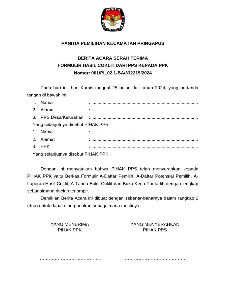 BA Sertim Berkas Coklit - PPS PPK KLEPU | PDF